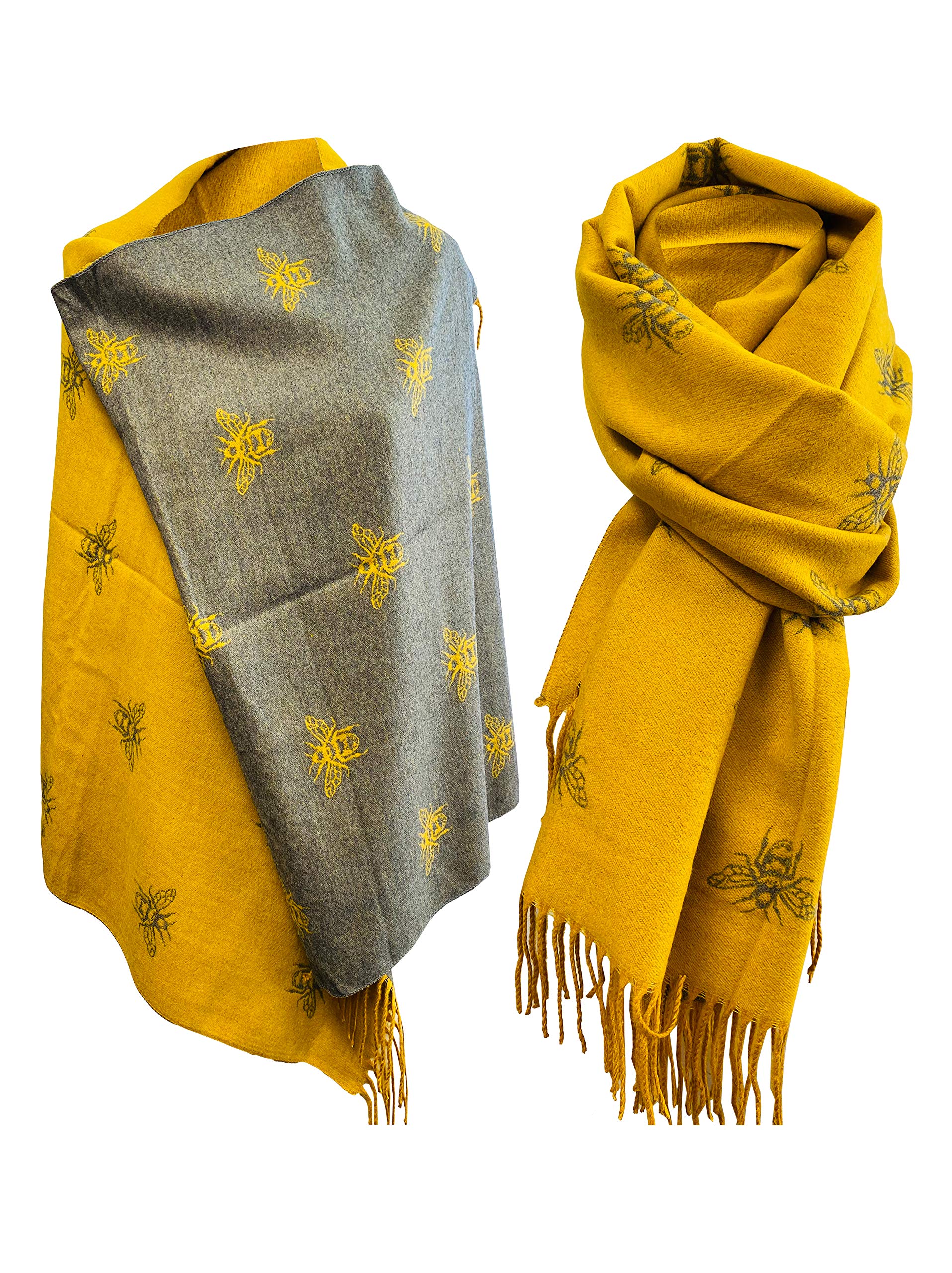 Tibet BUMBLE BEES SUPER SOFT MUSTERD SCARF WITH BEAUTIFUL TASSELS REVERS ABLE SOFT AND WARM SCARF, Yellow