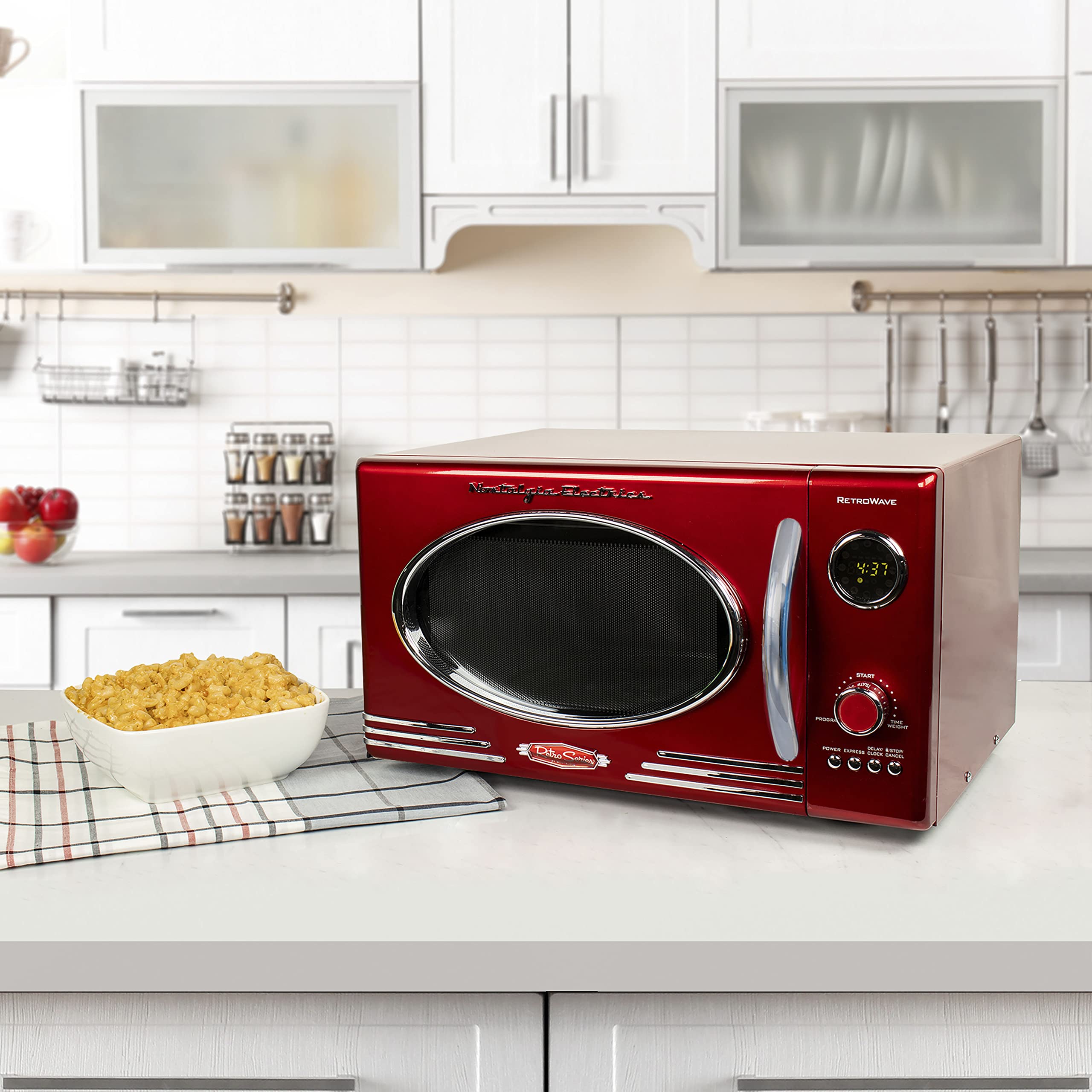 Nostalgia Retro Countertop Microwave Oven, 0.9 Cu. Ft. 800-Watts with LED Digital Display, Child Lock, Easy Clean Interior, Red & RTOV2RR Multi-Functioning Retro Convection Toaster Oven,Metallic Red