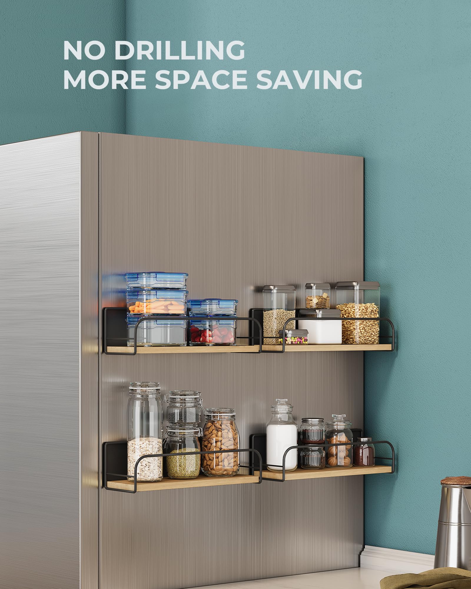 OROPY Magnetic Spice Racks for Refrigerator, Set of 4 Metal Kitchen Spice Organizer Shelf,Strong Magnetic Fridge Wood Holder