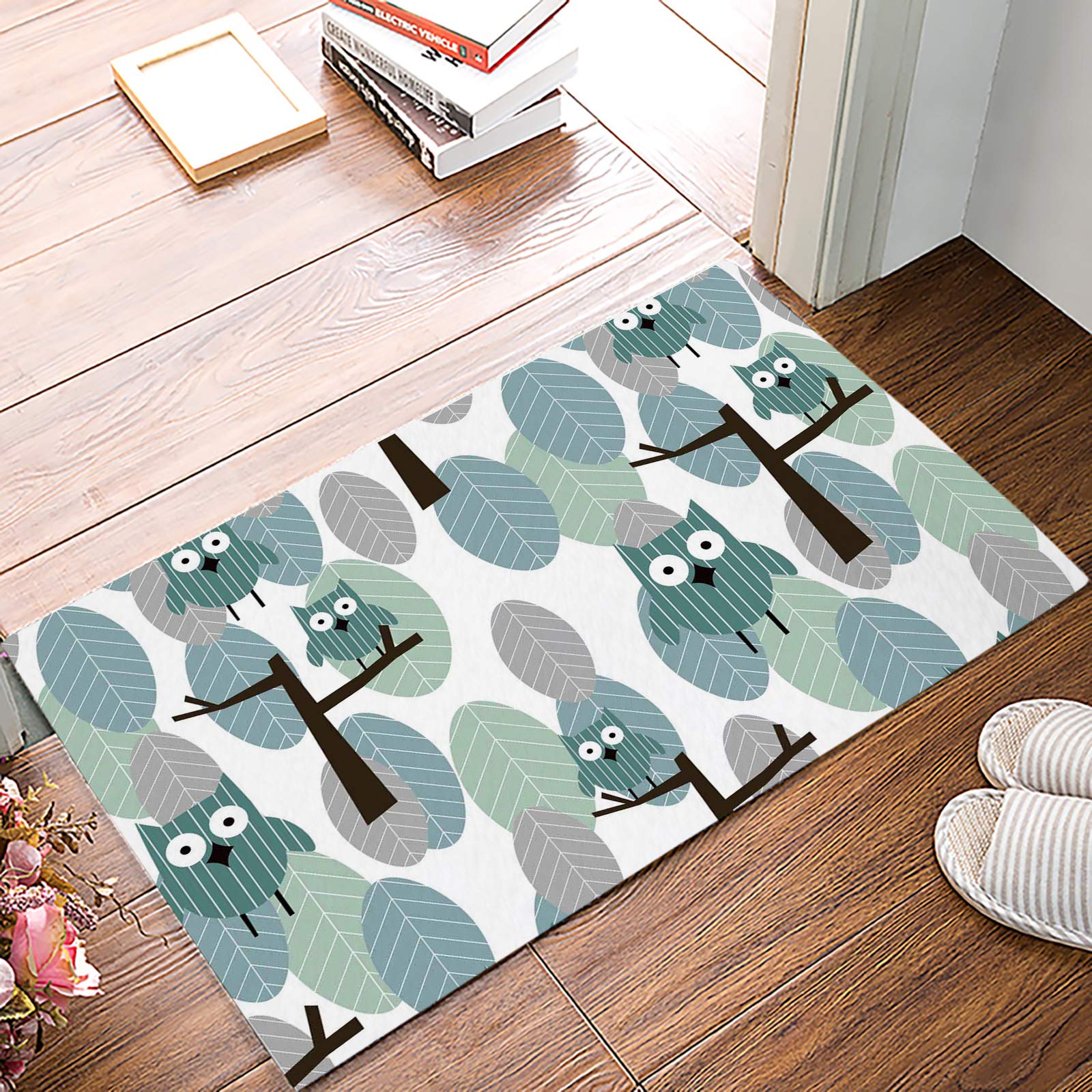 Shine-Home Non-Slip Kitchen Rugs Set of 2 Animal Owl Plant Illustration,Water-Absorbing Runner Carpet Area Mat for Bedroom Bathroom Indoor Use Rubber Backing Accent Throw Washable,White Extra Long