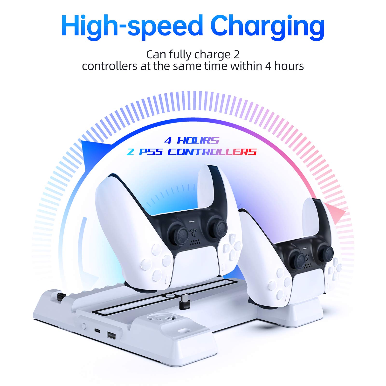PS5 Stand with Suction Cooling Fan and Dual Controller Charger Station with Charging Dock Station and 12 Game Slots- 2 IN1 Cable Included