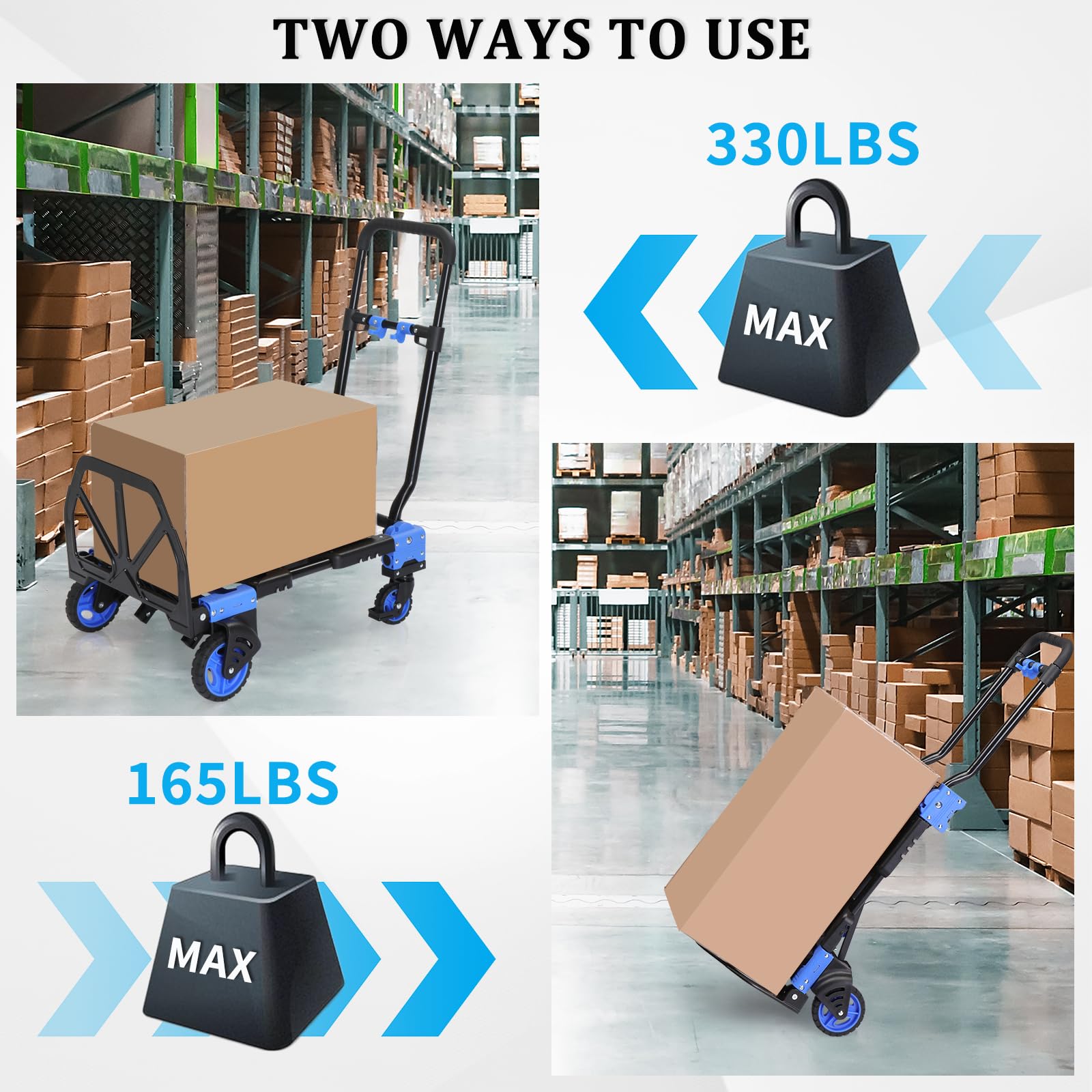 Winado 2-in-1 Folding Hand Truck, 330lbs Foldable Hand Truck Dolly, Height Adjustable Portable Dolly Cart with Wheels & Retractable Handle for Transportation, Shopping, Office, Home use - Blue