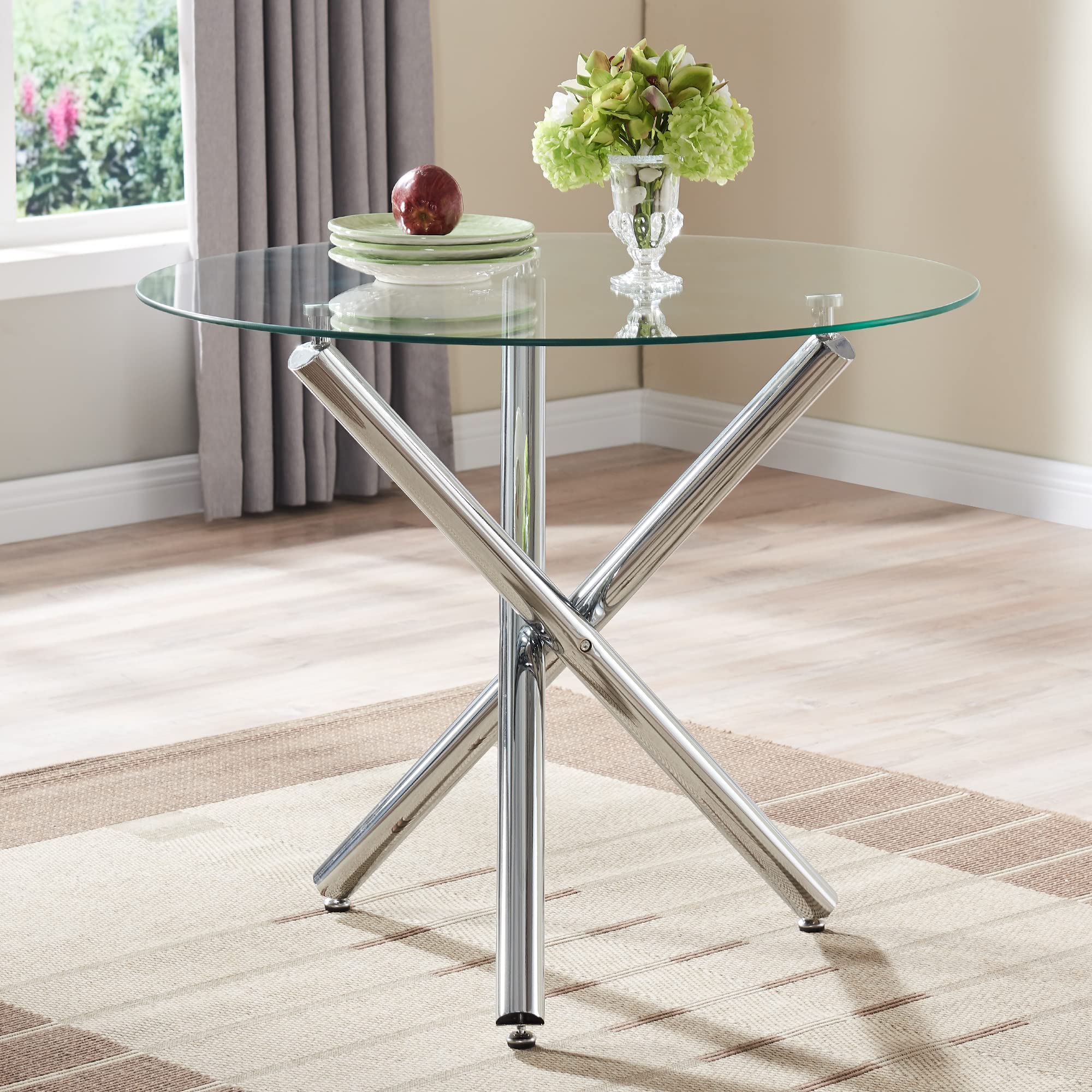 Modern 3 Pieces Round Glass Dining Table Set for 2, Kitchen Table with 3 Chrome Legs,Tempered Glass Top + 2 White Faux Leather Dining Chairs, Dining Room Table and Chairs Set for Home Small Space