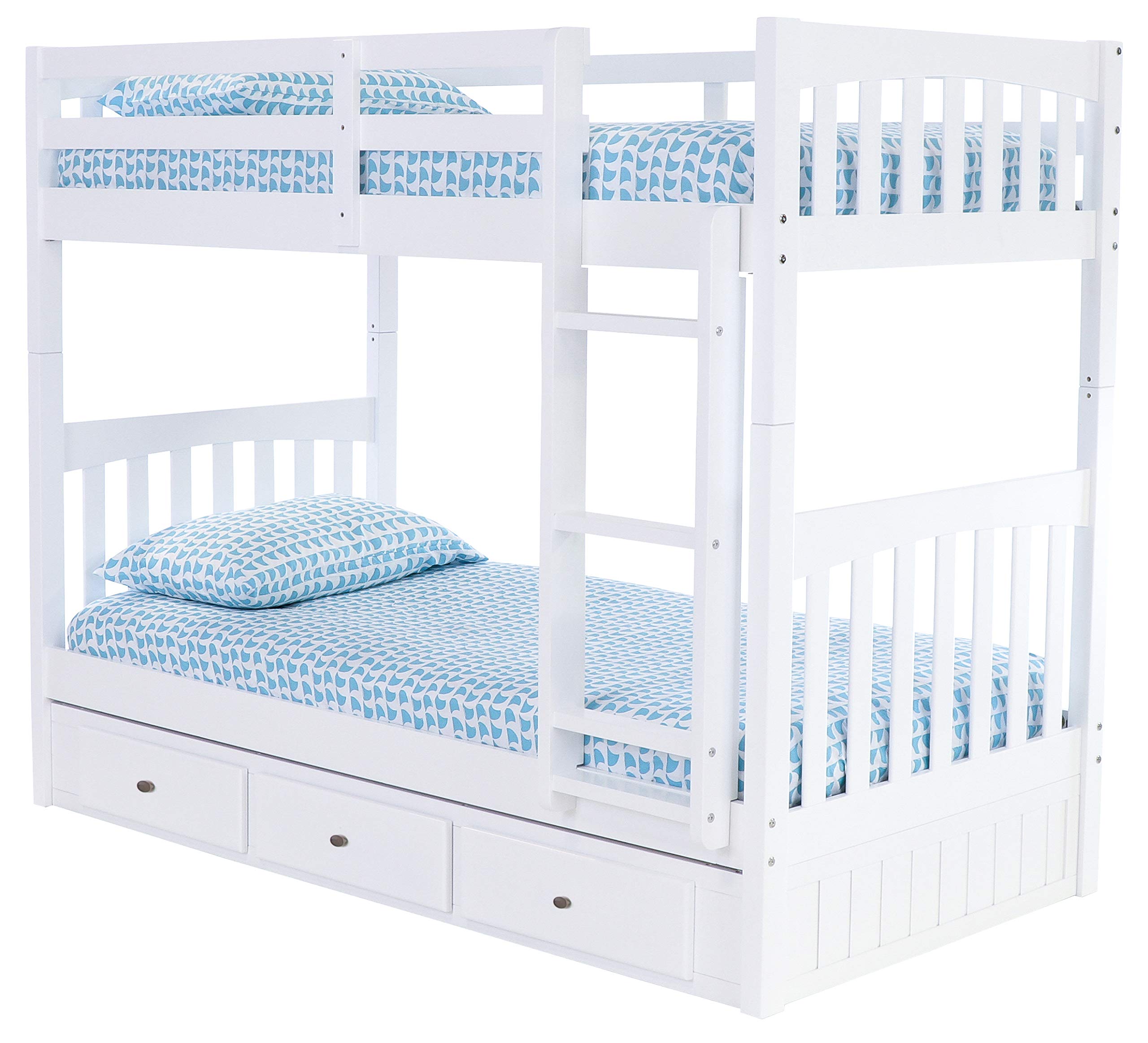 OS Home and Office Furniture Model 0210R-TTW, Solid Pine Twin Bed with Three Drawers in White Bunk