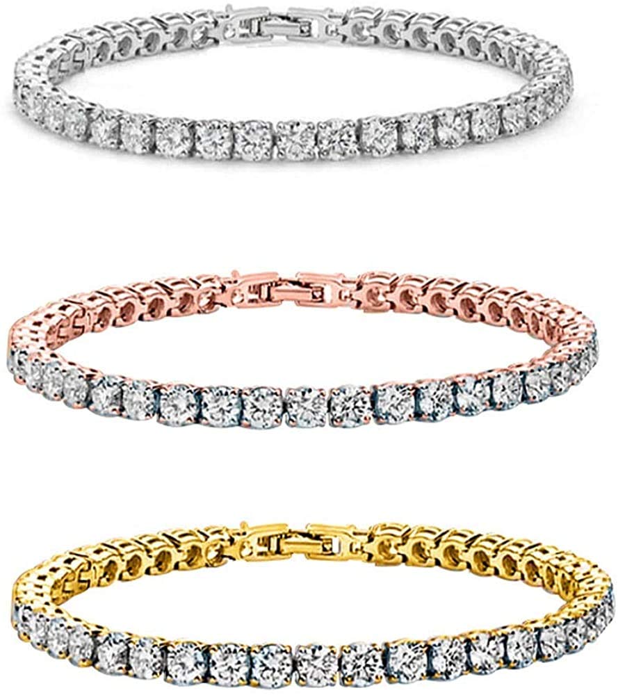 Savlano 14K Gold Plated Cubic Zirconia Round 4MM Classic Tennis 7.5 in Bracelet For Women (3 Pack Tri-Color Set)