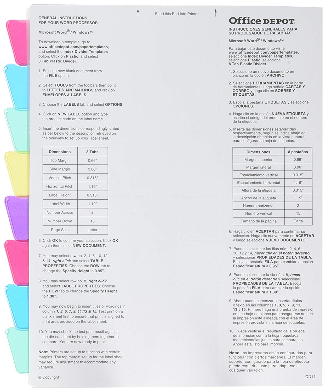 Office Depot® - File Tabs - Plastic Dividers with Insertable Rounded Tabs, Assorted Colors, 8-Tab - Plastic Dividers wit