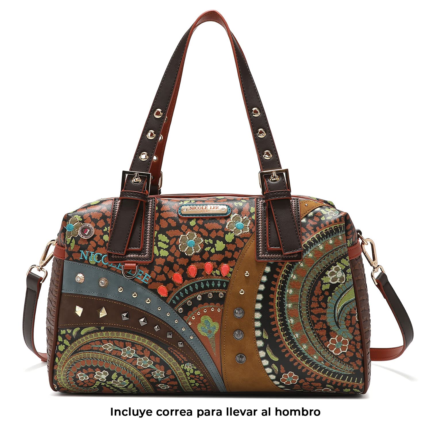 Nicole Lee Vintage Style Paisley Brown Boston Bag, Medium Embellished Shoulder Bag with Adjustable Straps