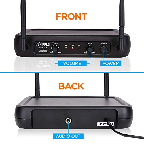 Pyle Channel Microphone System-VHF Fixed Dual Frequency Wireless Set with 2 Handheld Dynamic Transmitter Mics, Receiver Base-for PA, Karaoke, Dj Party (PDWM2135) , Black
