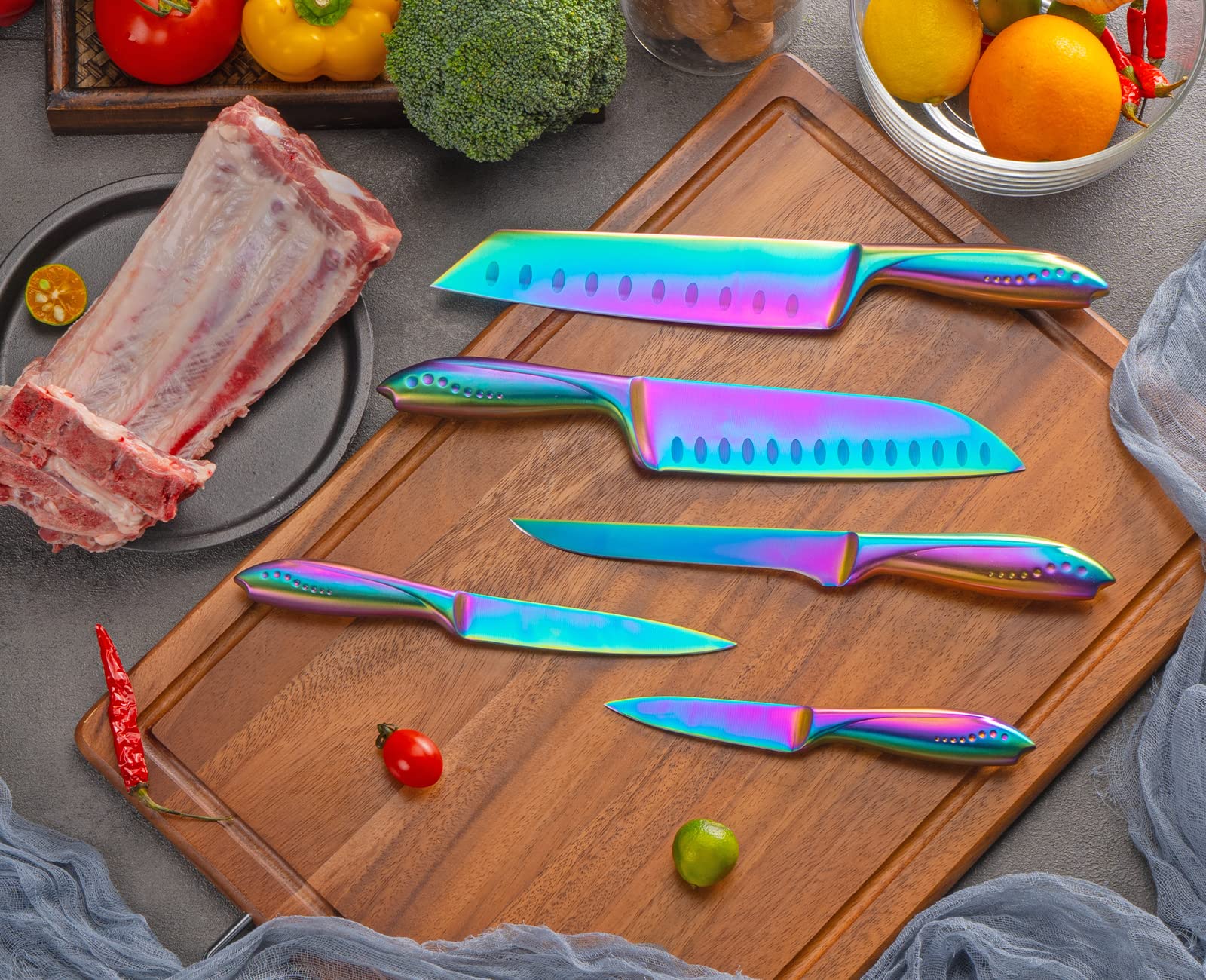 WELLSTAR Rainbow Knife Set 5 Piece, Razor Sharp German Stainless Steel Blade with Iridescent Titanium Coated, Kiritsuke Santoku Boning Utility Paring for Kitchen Cutting Dicing Filleting and Peeling