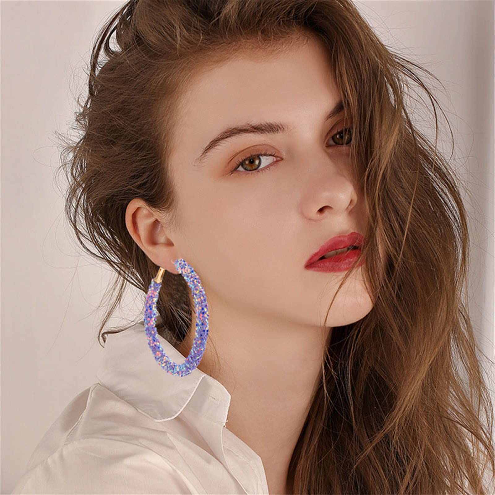 Sequins Hoop Earrings for Women Girls Handmade Bohemian Glitter Wrapped Gold Plated Dangle Drop Earring Circle Sequin Statement Earrings Boho Jewelry (Purple)