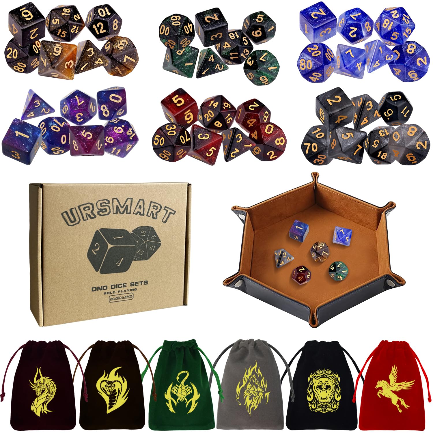 URSMART DND Dice Set,6 X 7(42 Pieces) Polyhedral Dice Set Double-Colors D&D Dice with 6PCS Pattern Dice Bag and PU Leather Velvet Dice Tray,Perfect for D&D RPG MTG Role Playing Table Games,Gift