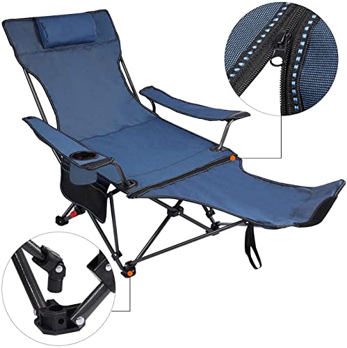 REDCAMP Camping Chair with Removable Footrest, Portable Folding Reclining Camp Chairs for Adults, Blue with Fabric Back