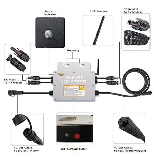 Y&H 600W Grid Tie Micro Inverter with WiF Communication Waterproof MPPT Stackable DC30-60V Solar Input AC110V 220V Auto Pure Sine Wave Output for 30V 36V PV Panel