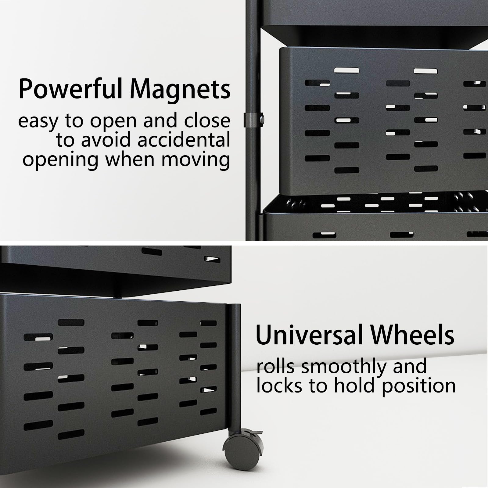 PzewMo Rotating Storage Rack, 5 Tiered Shelf Organizer, Metal Rolling Cart with Swivel Drawers, Fruit Basket, Kitchen Bathroom Pantry Organization, Vegetable Onion Potato Storage (Black)