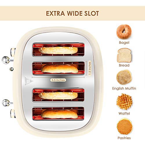 REDMOND 4 Slice Toaster Retro Stainless Steel Toasters with Bagel Defrost Cancel Function, 6 Browning Settings, Cream, ST033 WT-340C