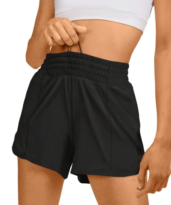 Women's Athletic Shorts High Waisted Running Quick Dry Sports Elastic Workout Shorts with Pockets Black