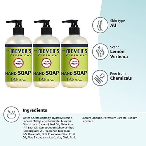 Mrs. Meyer's Clean Day Liquid Hand Soap, Cruelty-Free, and Biodegradable Hand Wash Made with Essential Oils, Lemon Verbena Scent, 12.5 Oz (Pack of 3)