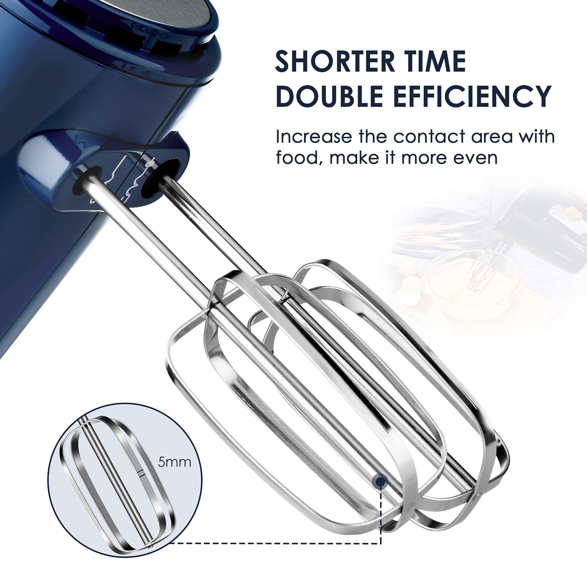 REDMOND Hand Mixer Electric, 250W Power 5-Speed Handheld Mixer, Includes Stainless Steel Beaters and Dough Hooks with Turbo, Easy Eject Button (Navy Blue)