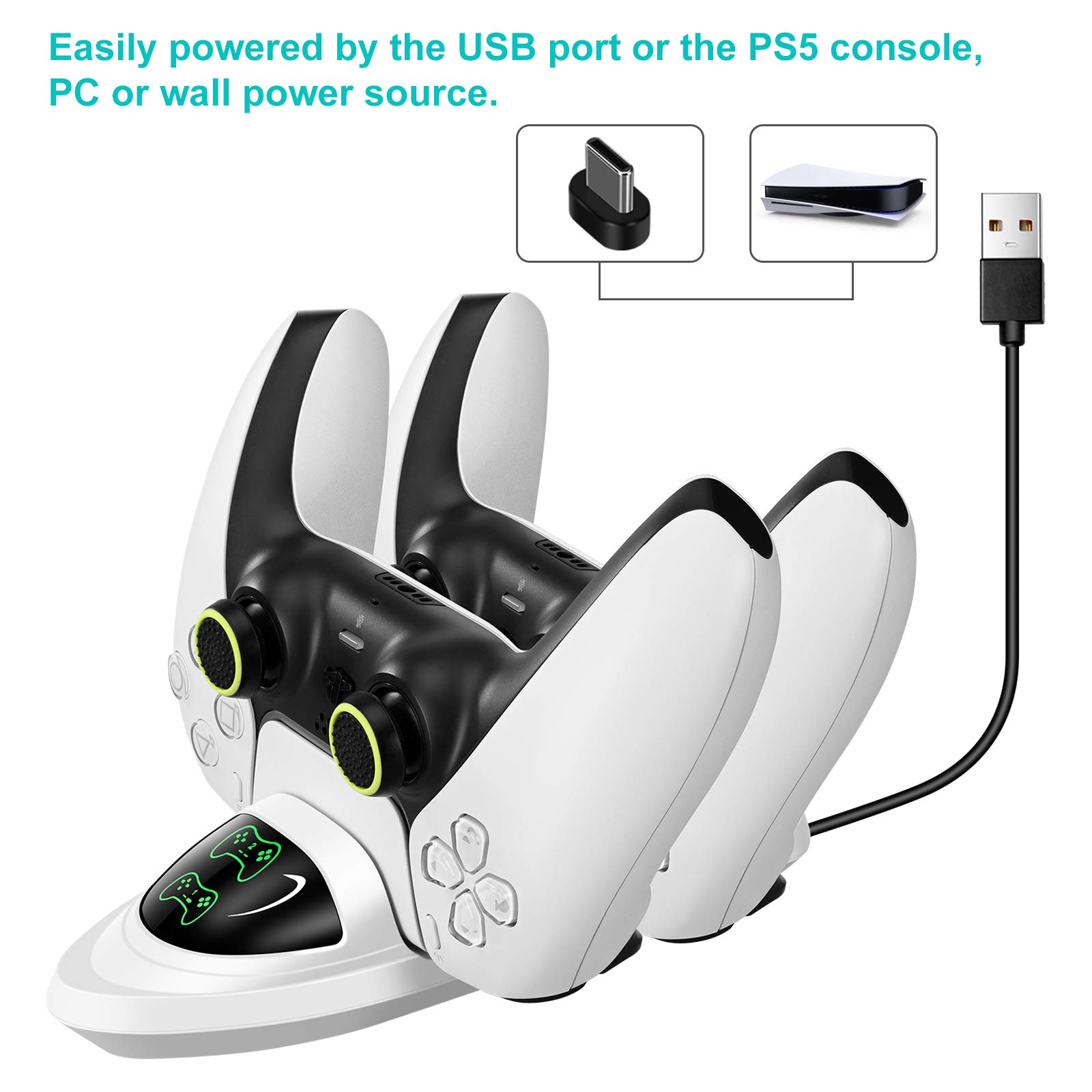 Newest PS5 Controller Charging Station, DOUBLEFISH Upgrade PS5 Console Charger with 2A /5V Fast Charging Cable, LED Indicator, DaulSense Charger Compatible for Sony Playstation 5 Controller, White