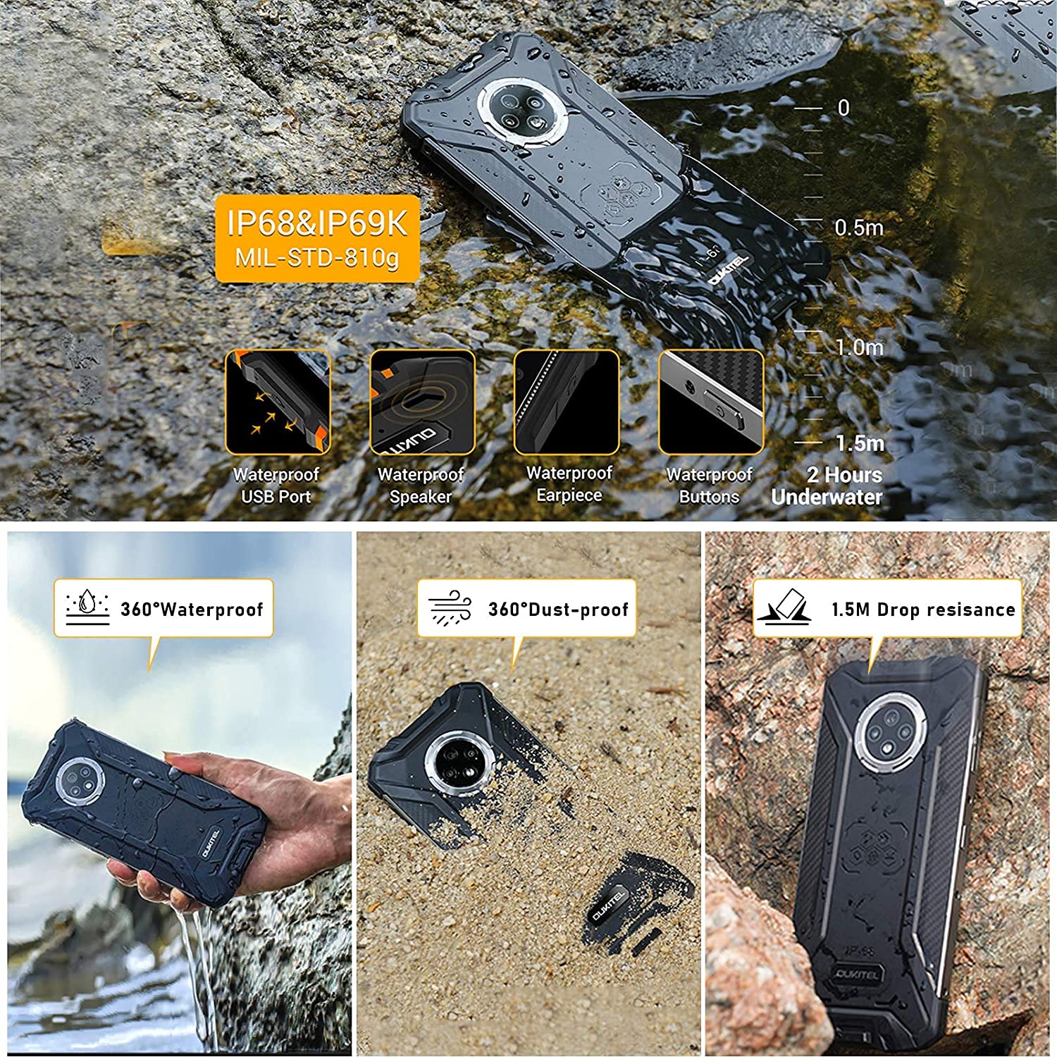 OUKITEL WP8 Pro Rugged Smartphone, 6.49” Display, 4GB 64GB Dual SIM IP68 Waterproof Rugged Phone, NFC, Triple Camera Unlocked Cell Phone, 5000mAh Battery Face/Fingerprint ID GPS, Black [2021 Upgraded]