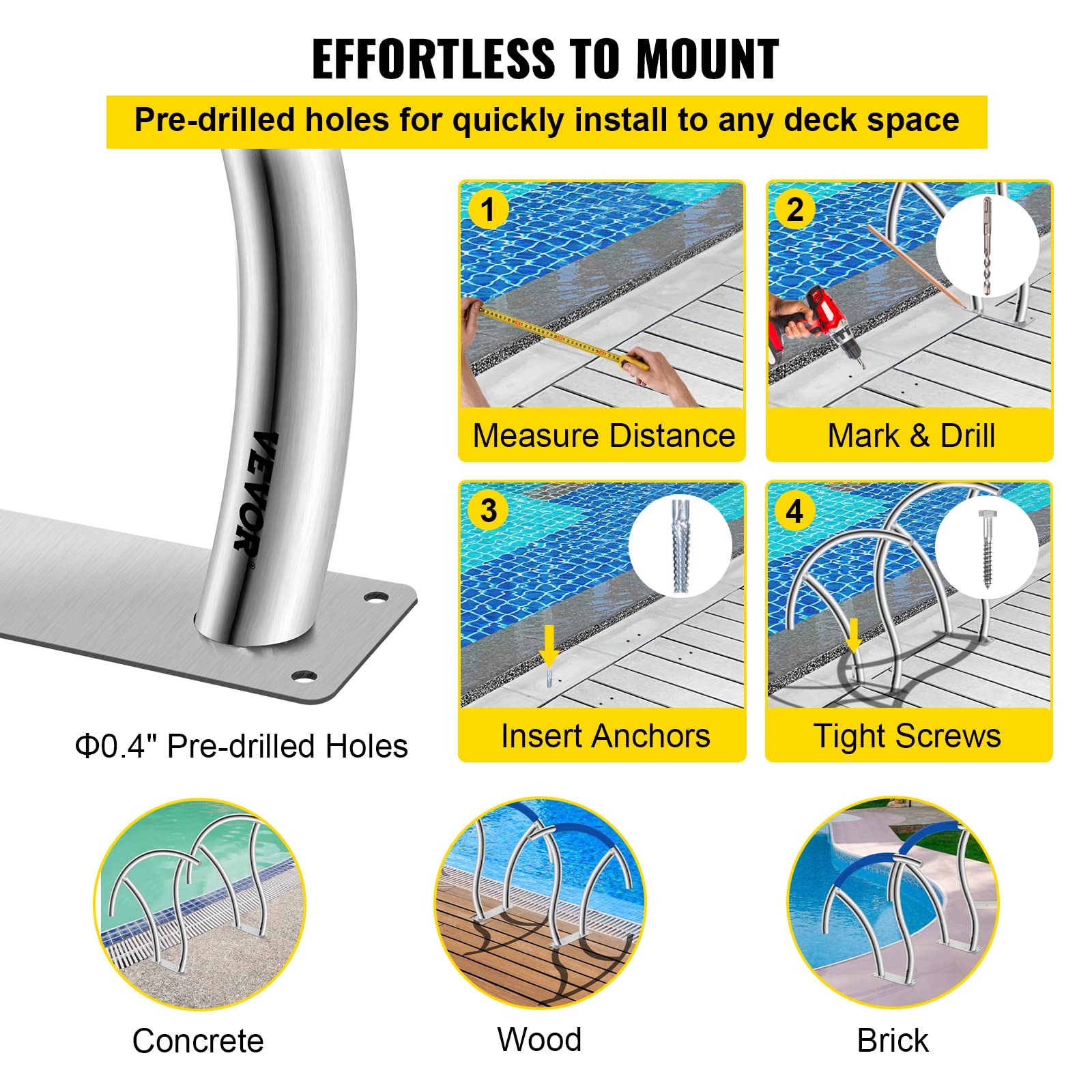 VEVOR Pool Handrail, 2Pack 30"x30" Swimming Pool Stair Rail, 304 Stainless Steel Stair Pool Hand Rail Rated 375lbs Load Capacity, Pool Rail with Quick Mount Base Plate, and Complete Mounting Accessory