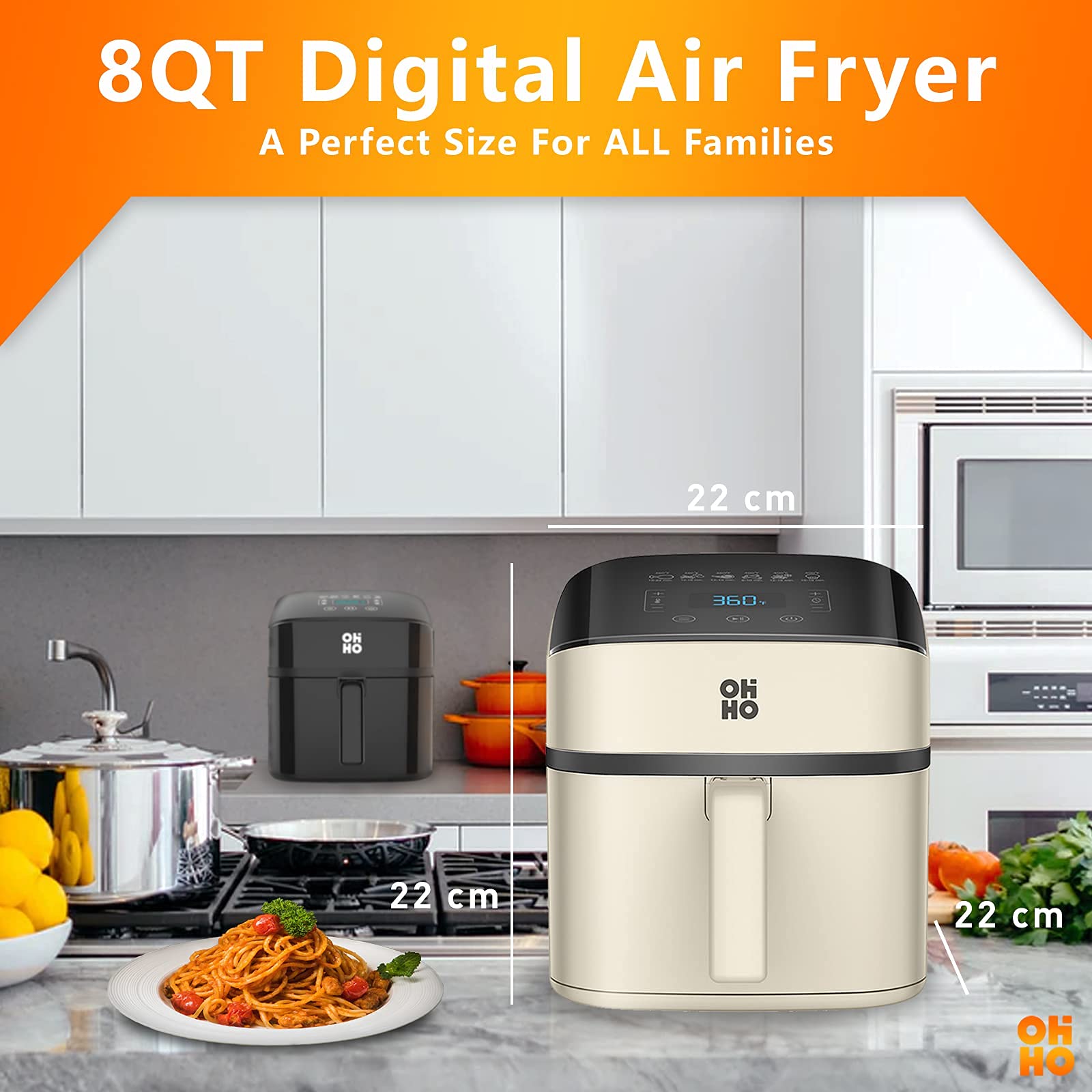 OHHO Air Fryer, 8QT Digital LED Touchscreen, 8 Preset Functions for Fry, Temperature Control, Auto Shut Off - Non-stick Flat Basket & Tray, 200+ Digital Recipe (Digital Black)
