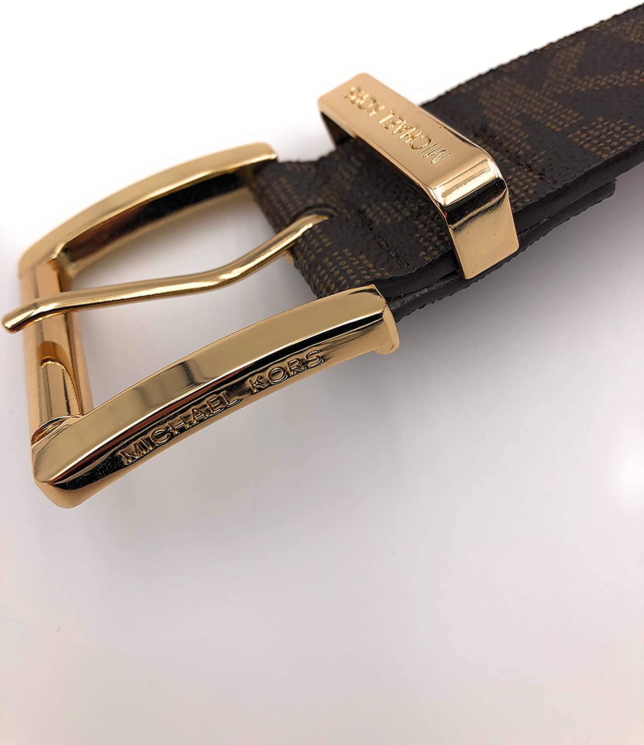 Michael Kors Mk Signature Monogram Logo Gold Buckle Belt Brown Size Large