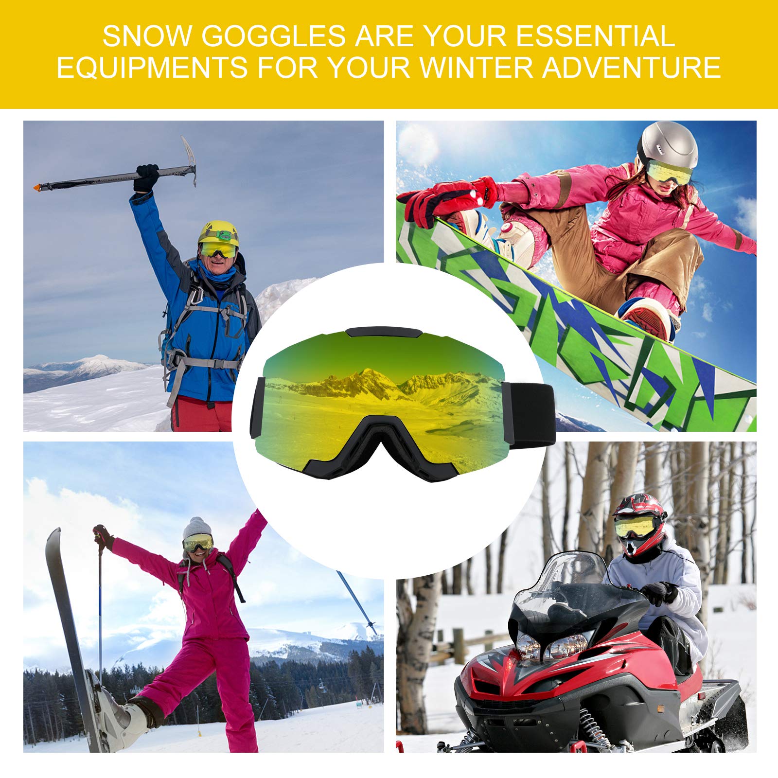 RAYMEA Ski Goggles Anti Fog Clear View Snow Goggles with Interchangeable Lens snowmobile goggles Men & Women