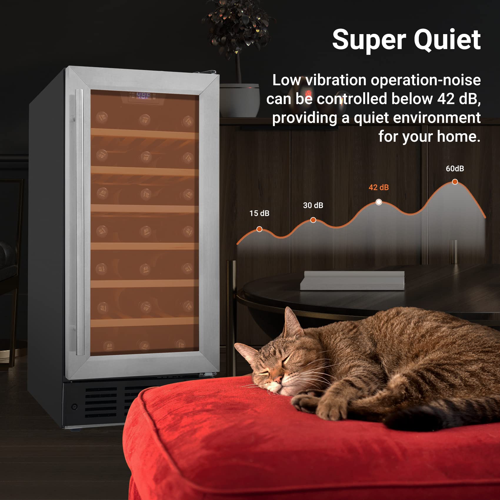 Smad 15 inch Wine Cooler Under Counter, 31 Bottle Built in Wine Fridge with Wood Shelf, Double Reversible Glass Door, Digital Temperature Control, Super Quiet, Stainless Steel, Black