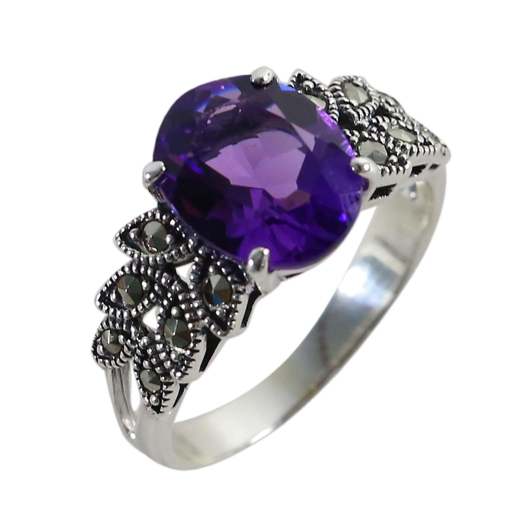 NOVICA Artisan Handmade .925 Sterling Silver Amethyst Marcasite Cocktail Ring from Thailand Birthstone 'Purple Queen'