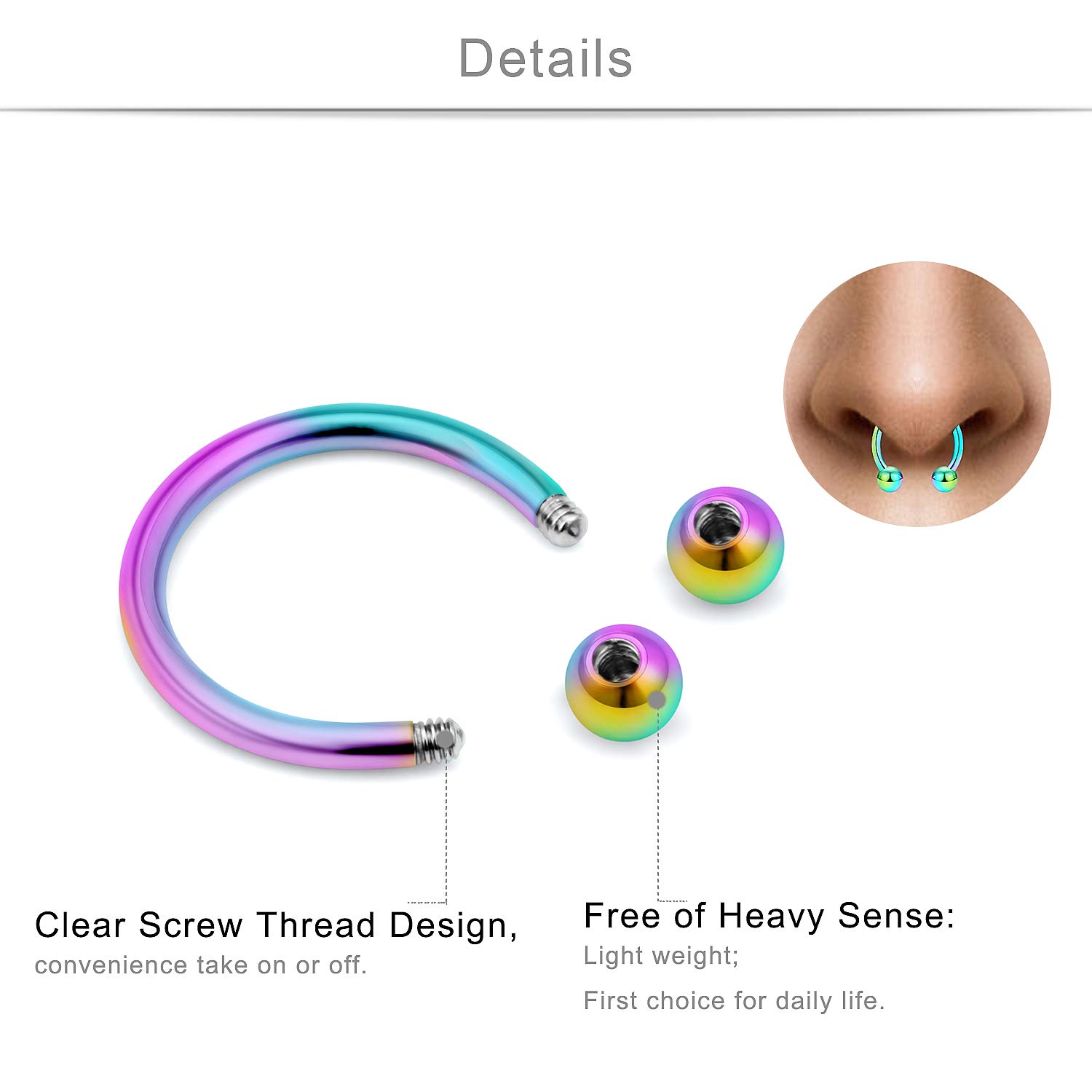 SCERRING 10PCS 16G Stainless Steel Hinged Clicker Segment Septum Nose Lip Ring Hoop Cartilage Tragus Sleeper Earrings Body Piercing Jewelry Braided 10mm Rainbow