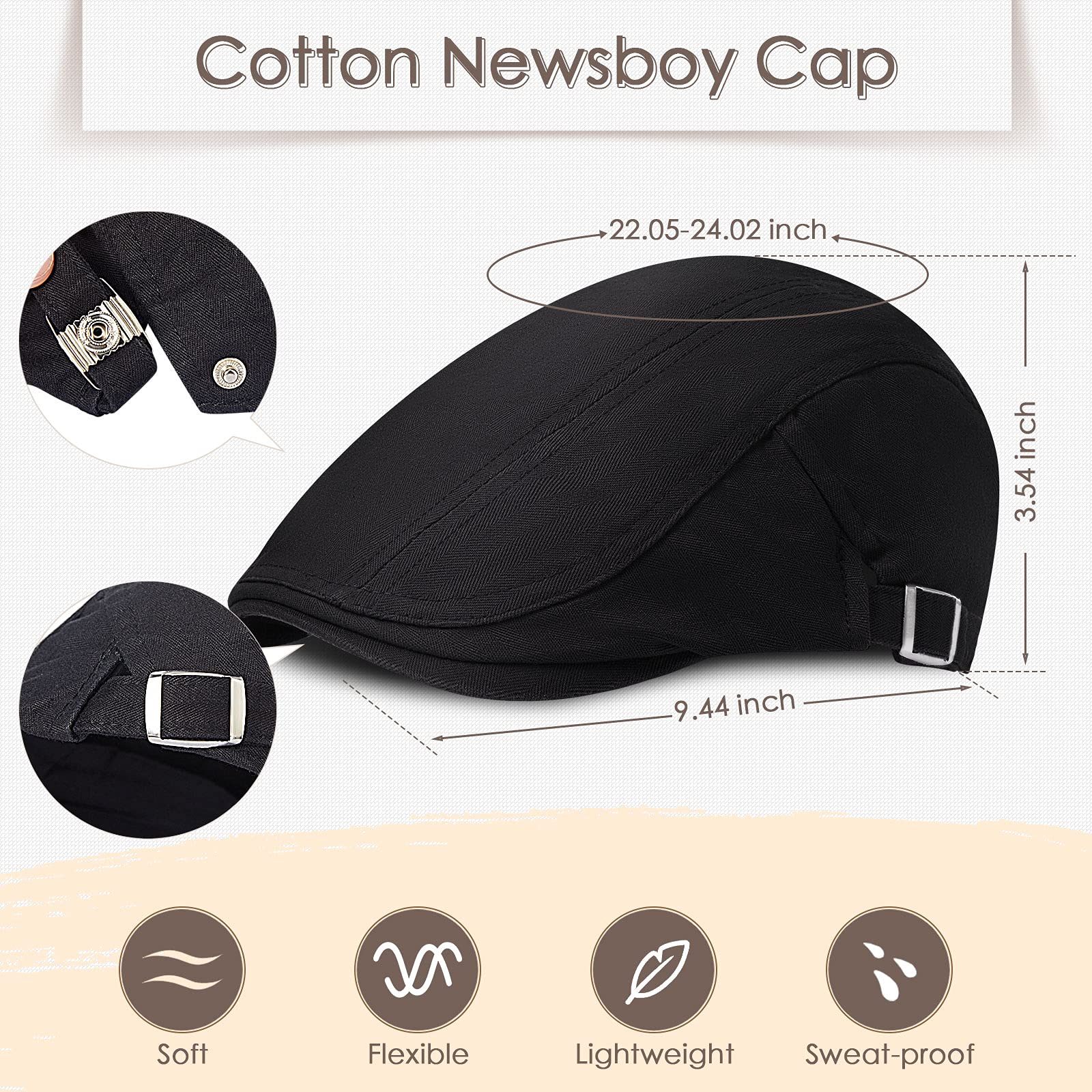 SATINIOR 3 Pieces Mens Newsboy Flat Cap Newsies Hat Adjustable Ivy Cadet Cabbie Cap (Black, Grey, Coffee), Medium