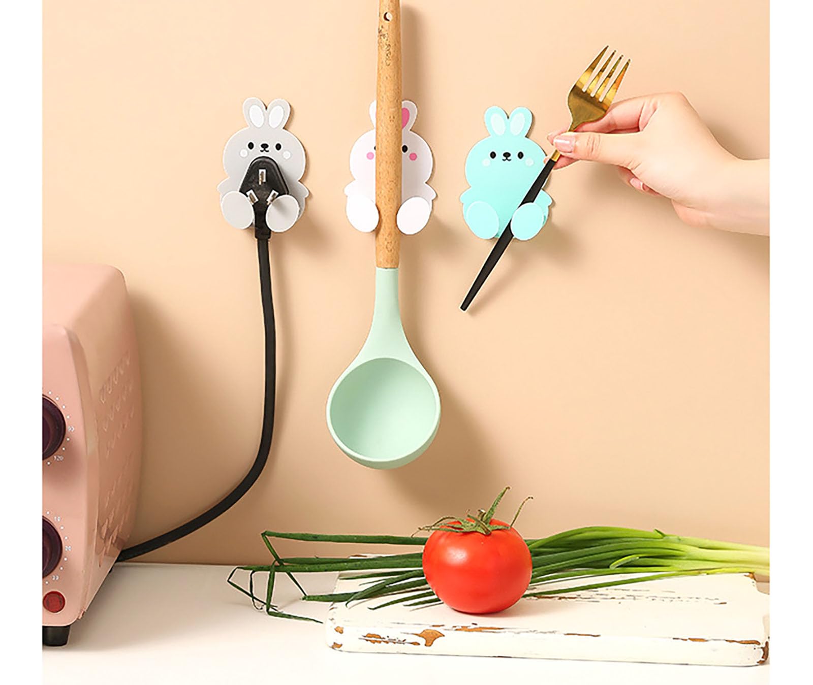 YIKANGHENG 4 Pcs Self Adhesive Plug Hooks, 4 Color Rabbit Design Plastic Plug Organizer Wall Hooks (4)