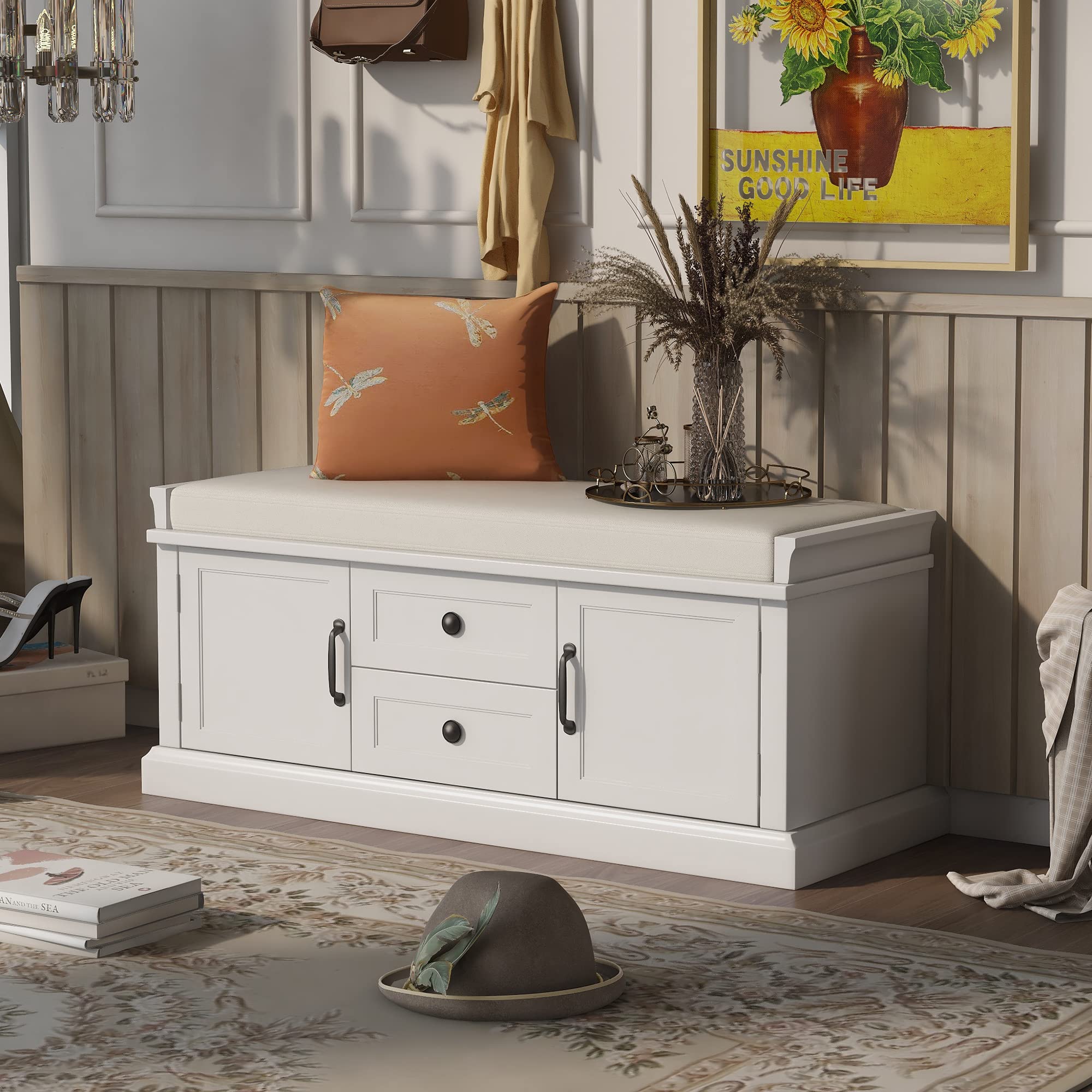 Shoe Bench Entryway with Storage, Entryway Bench with Removable Cushion, Solid Wood Storage Bench with 2 Drawers and 2 Cabinets for Living Room, Hallway, Closet, 42.5"L x 15.9"W x 17.5"H,White