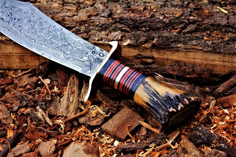 PSK166 - Custom Handmade Damascus Steel Bowie Hunting Knife Stag Horn Handle with Sheath