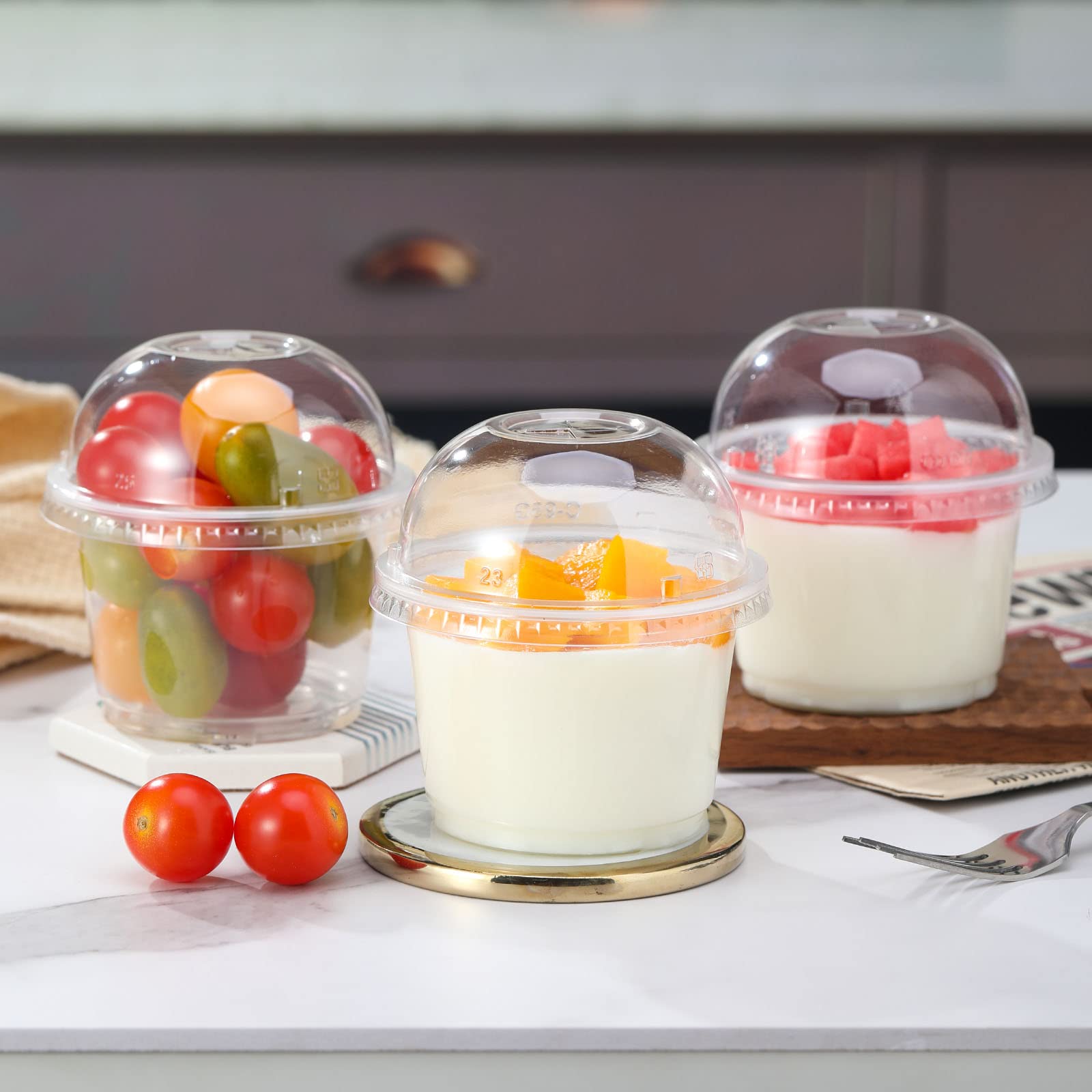 OTOR 8oz Hot/Cold Disposable Plastic Cups with Dome Lids - 50 Sets - Ice Cream Cups, Snack bowl, Take Away Food Container for Dessert Fast food Soup