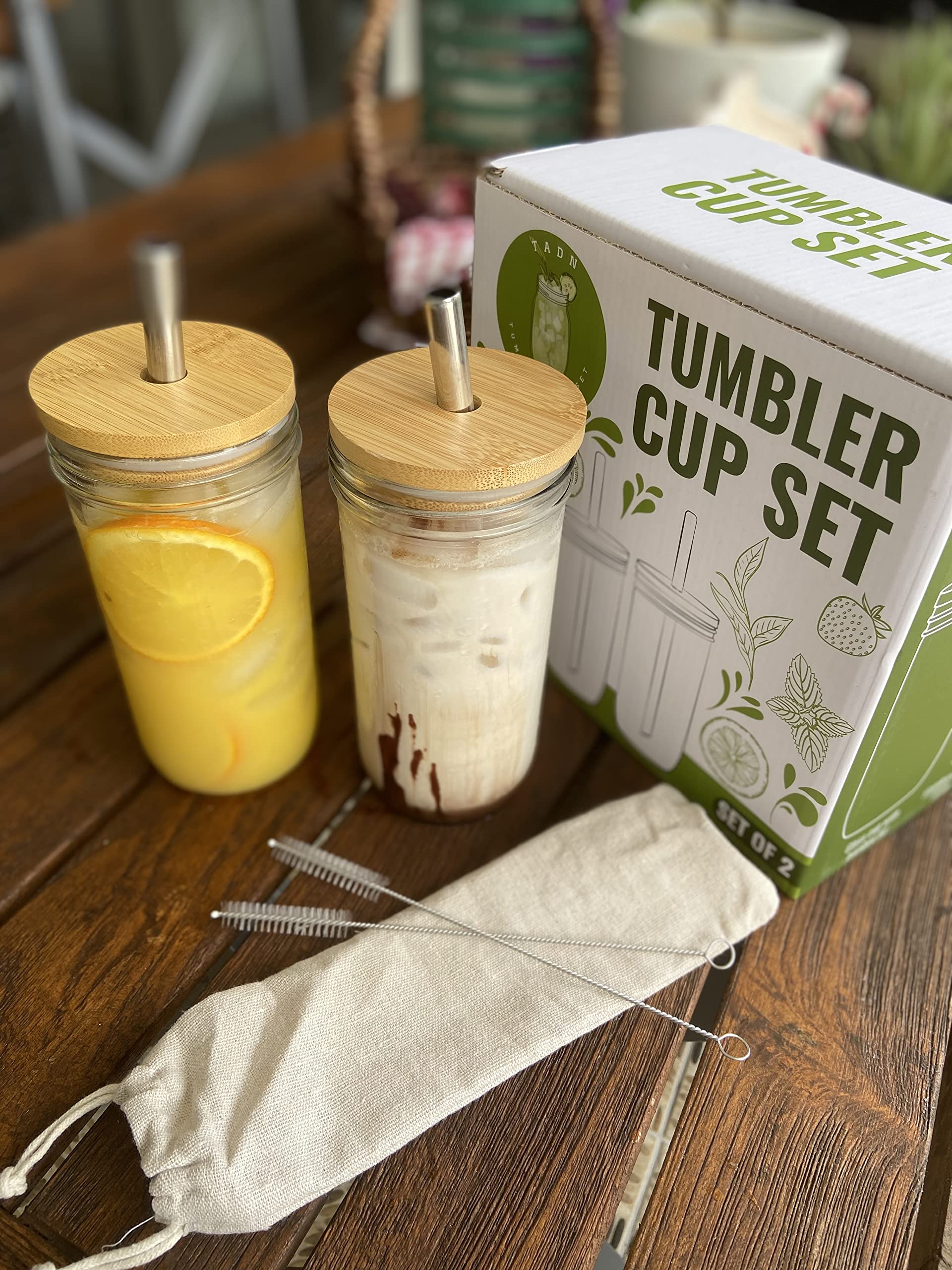 TADN Tumbler Cup Set with Lids and Straws 24oz (Set of 2) Wide Mouth Drinking Glasses Cups - Modern Style - Great for Smoothie, Bubble tea, Fresh Water, Ice Coffee -Reusable