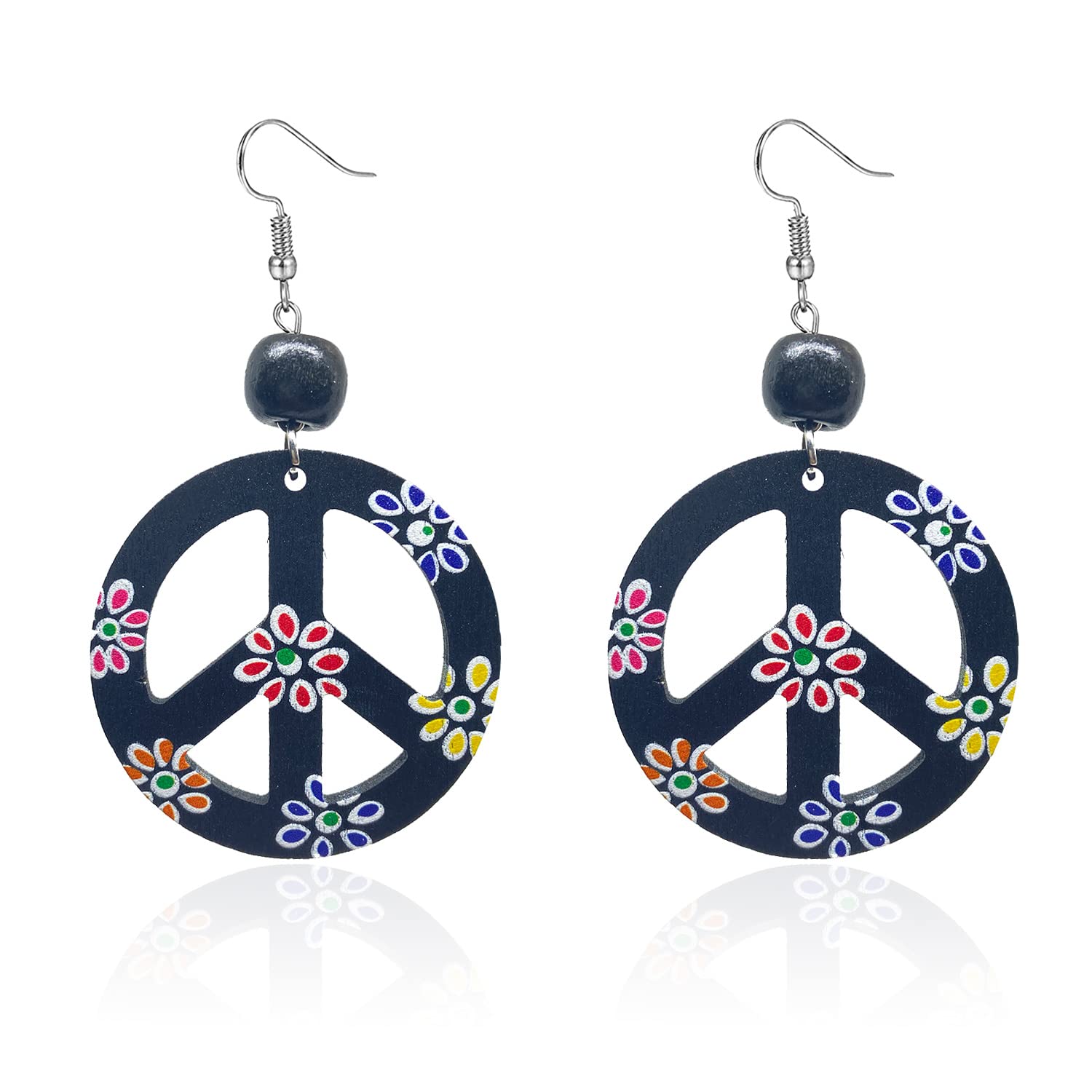TIANHONGYAN Lightweight Hippie Colorful Love Peace Sign Dangle Drop Wood Earrings 60s 70s Hippie Earrings for Women Christmas Party Favors Costume Accessories (black)