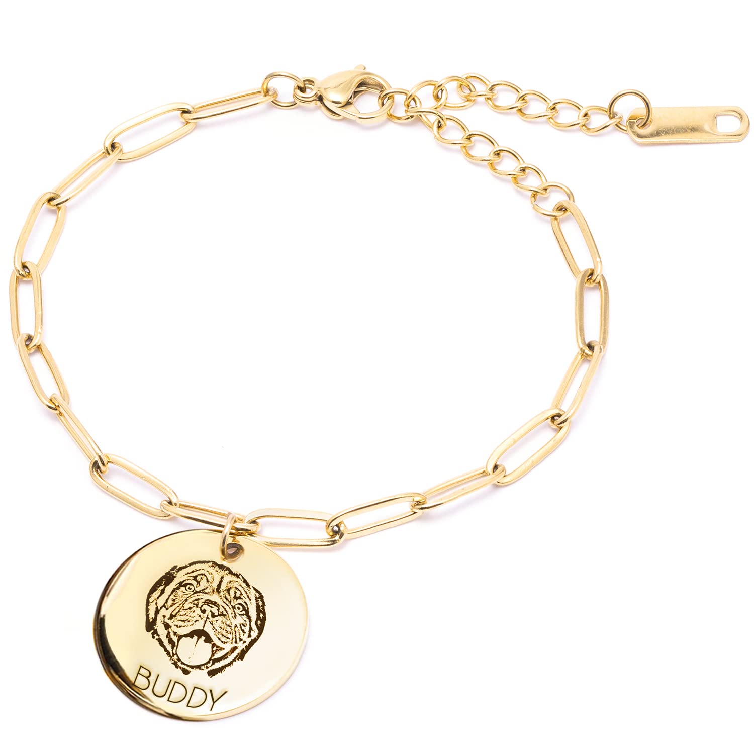 MignonandMignon Personalized Pet Portrait Engraved Bracelet Dog Memorial Jewelry Paperclip Chain Custom Birthday Idea for Animal LoverMultiple Disc Charm Mother's Day Gift -P-LCBR-AP