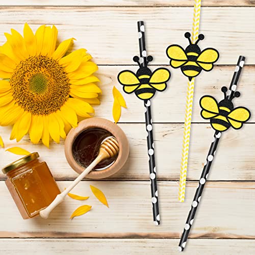 Whaline 100Pcs Summer Paper Straws Glitter Bee Disposable Paper Straws Yellow Black Dot Stripe Bee Decorative Straws Baby Shower Drinking Straw for Bee Day Party Supplies Juices Shakes Cocktail Decor