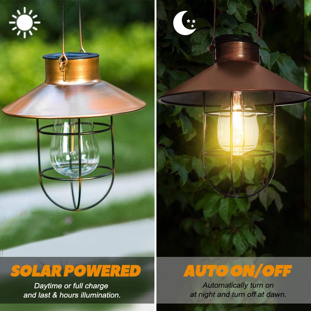 Retro Metal Solar Lanterns Outdoor Hanging Warm White Solar Garden Lights with Shepherd Hook, Greenke Waterproof Retro Pendant lamp for Pathway Patio Yard Decor (Large/ Copper)