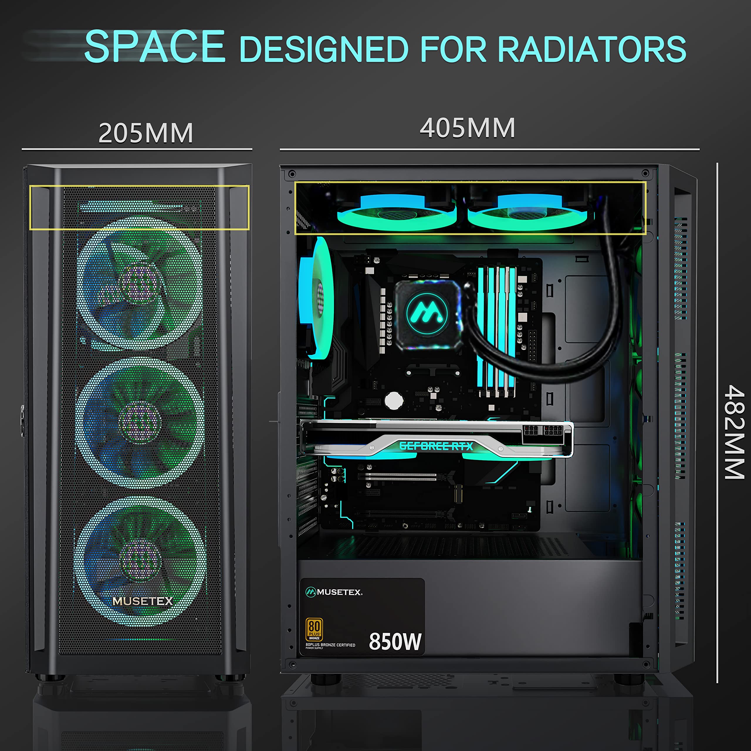 MUSETEX ATX PC Case Pre-Install 6 PWM ARGB Fans, Mid Tower Gaming Case with Opening Tempered Glass Side Panel Door, Mesh Computer Case, TW8