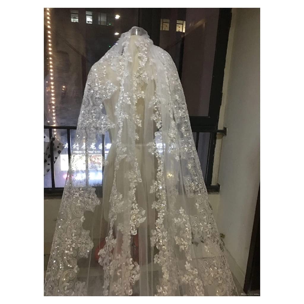 Ts Bridal Veils Sequins, New Luxury Cathedral Veil, Lace Made Long Wedding Veils ,Sequins Wraps (Color : Ivory, Item Length : 500cm)