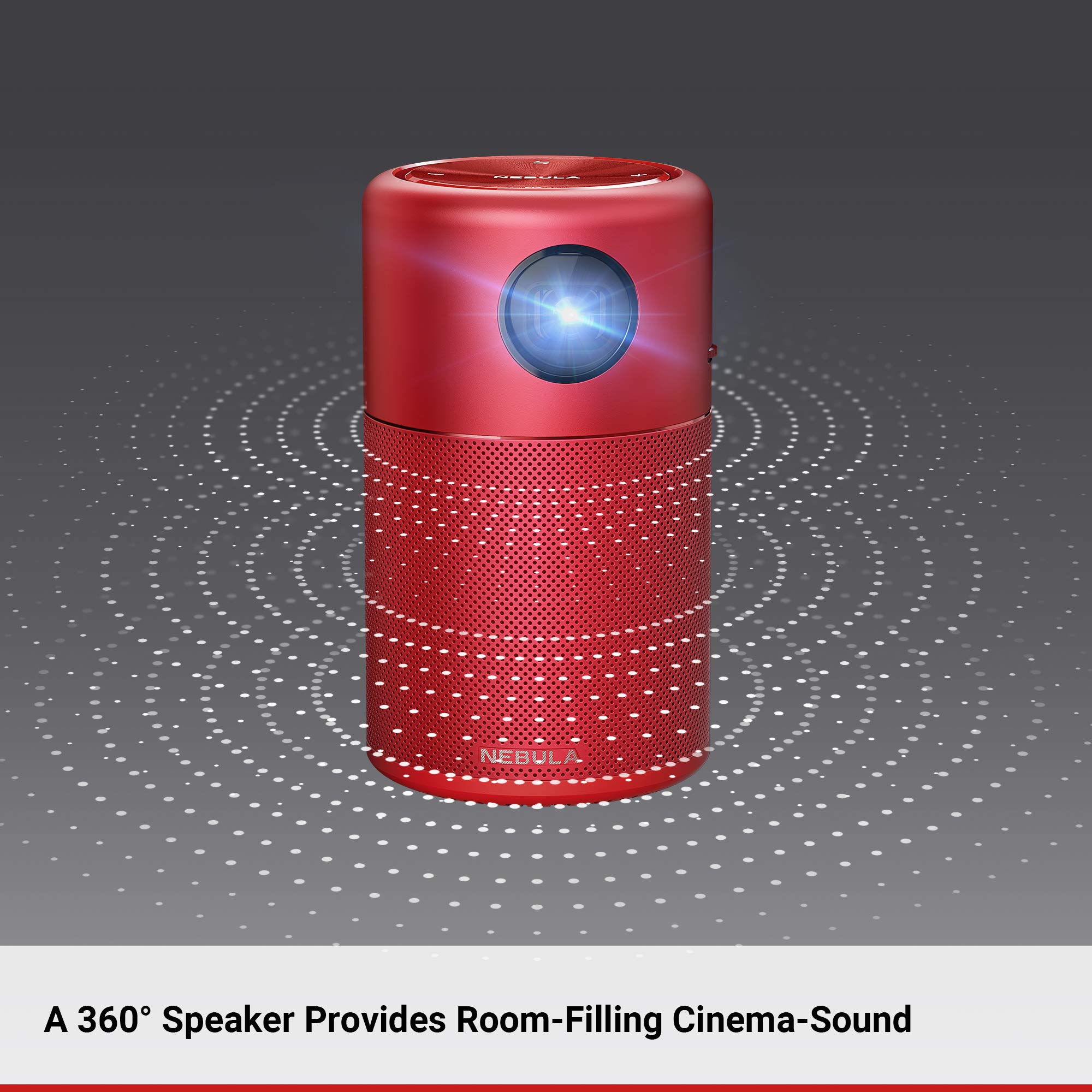 NEBULA Capsule, by Anker, Smart Wi-Fi Mini Projector, Red, 100 ANSI Lumen Portable Projector, 360° Speaker, Movie Projector, 100 Inch Picture, 4-Hour Video Playtime, Outdoor Projector—Watch Anywhere