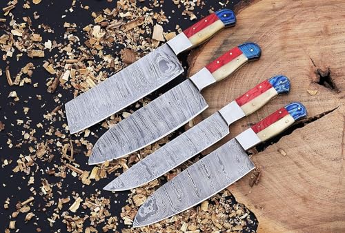 Vintage Blacksmith/Handmade Damascus Hunting Knife - fixed Blade Hunting Knife with Sheath Handmade Damascus Chef Knives Set of 4 pcs