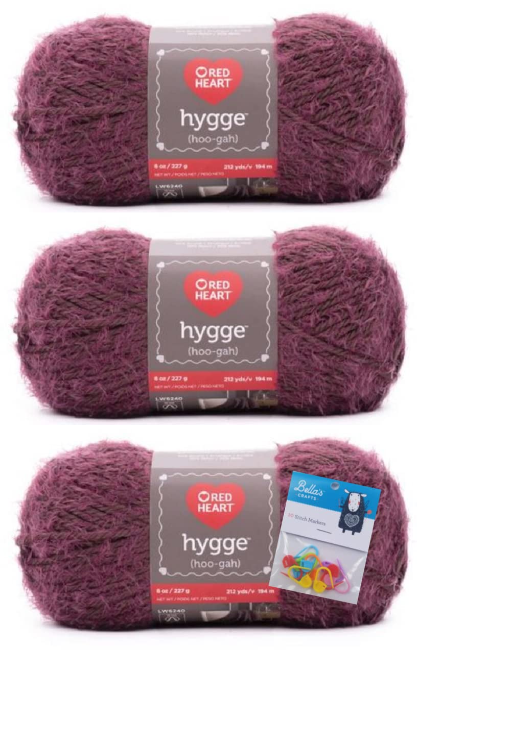 Red Heart Hygge Yarn - Plum Candy - 8 Oz - 3 Pack Bundle with Bella's Crafts Stitch Markers
