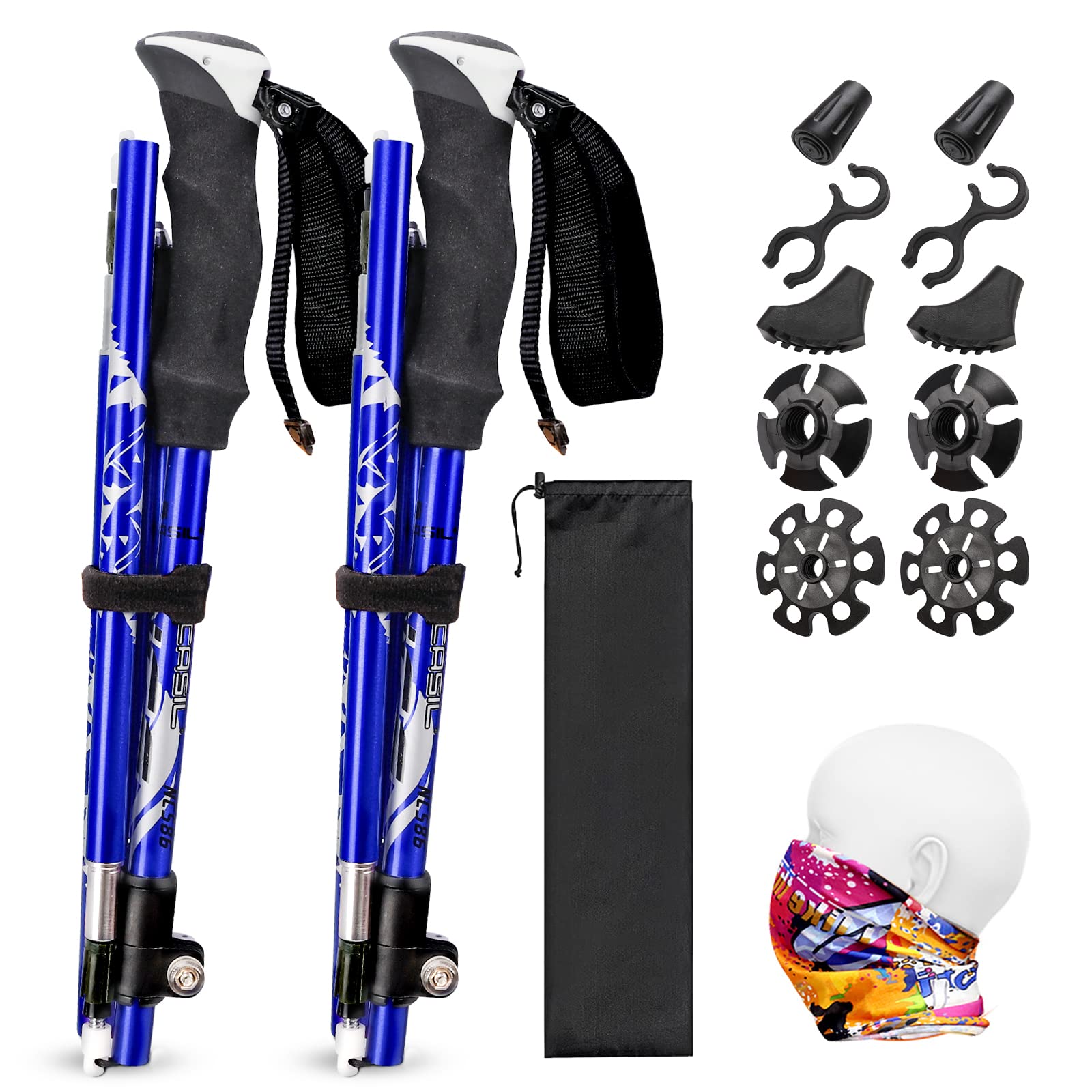 R2Depot Trekking Poles 2 Pack, Adjustable Collapsible Hiking Poles, Lightweight Aluminum 7075 Folding Hiking Poles with A Headwear (Blue)