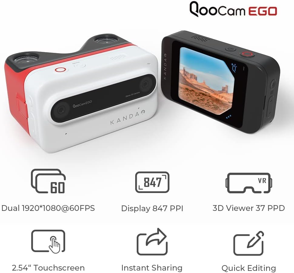 QooCam EGO Instant View 3D Camera Binocular 4K Sports Camera VR Adaptation 3D Lipo Vlog Camera HD (White)