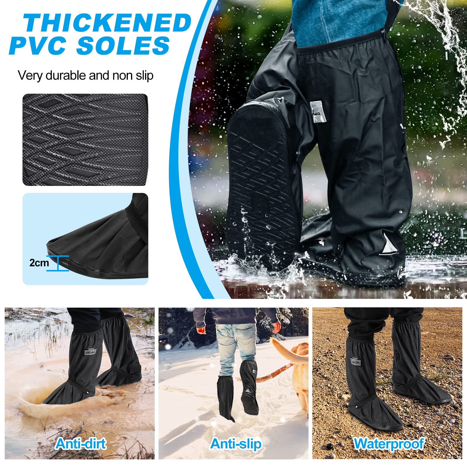 R2Depot Waterproof Shoe Covers Reusable for Men Women, Rain Snow Shoe Covers, Non Slip Shoe Protector (Black, Large)