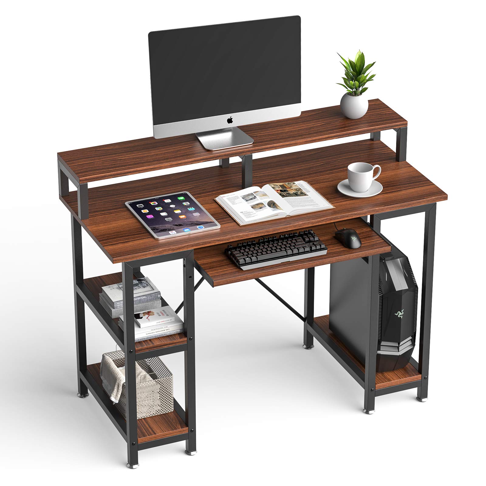 QooWare Computer Desk with Shelves, 47" Writing Desk w/Keyboard Tray & Monitor Stand Riser - Achieve More, Strain Less - Large Desk Space Wooden Study Table for Home Office